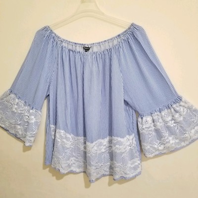 Unique Spectrum Blue White Off Shoulder Size 2X Blouse Bell Sleeve Lace ...
