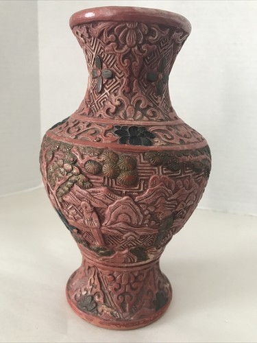 Vintage Asian Cinnabar Vase Pottery Immortals Hand-painted 8” Tall | eBay
