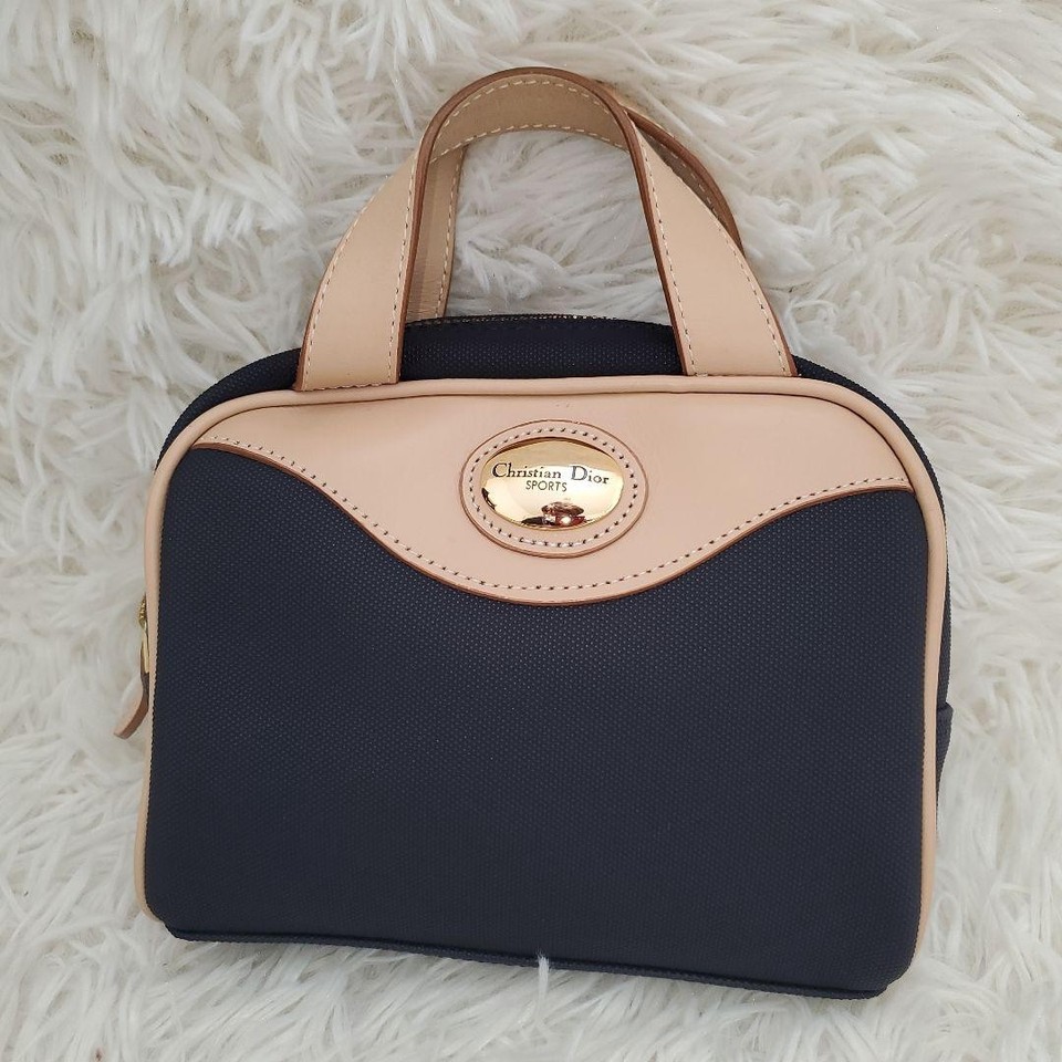 CHRISTIAN DIOR Nylon Leather Mini Handbag Navy Beige Gold Logo Plate ...
