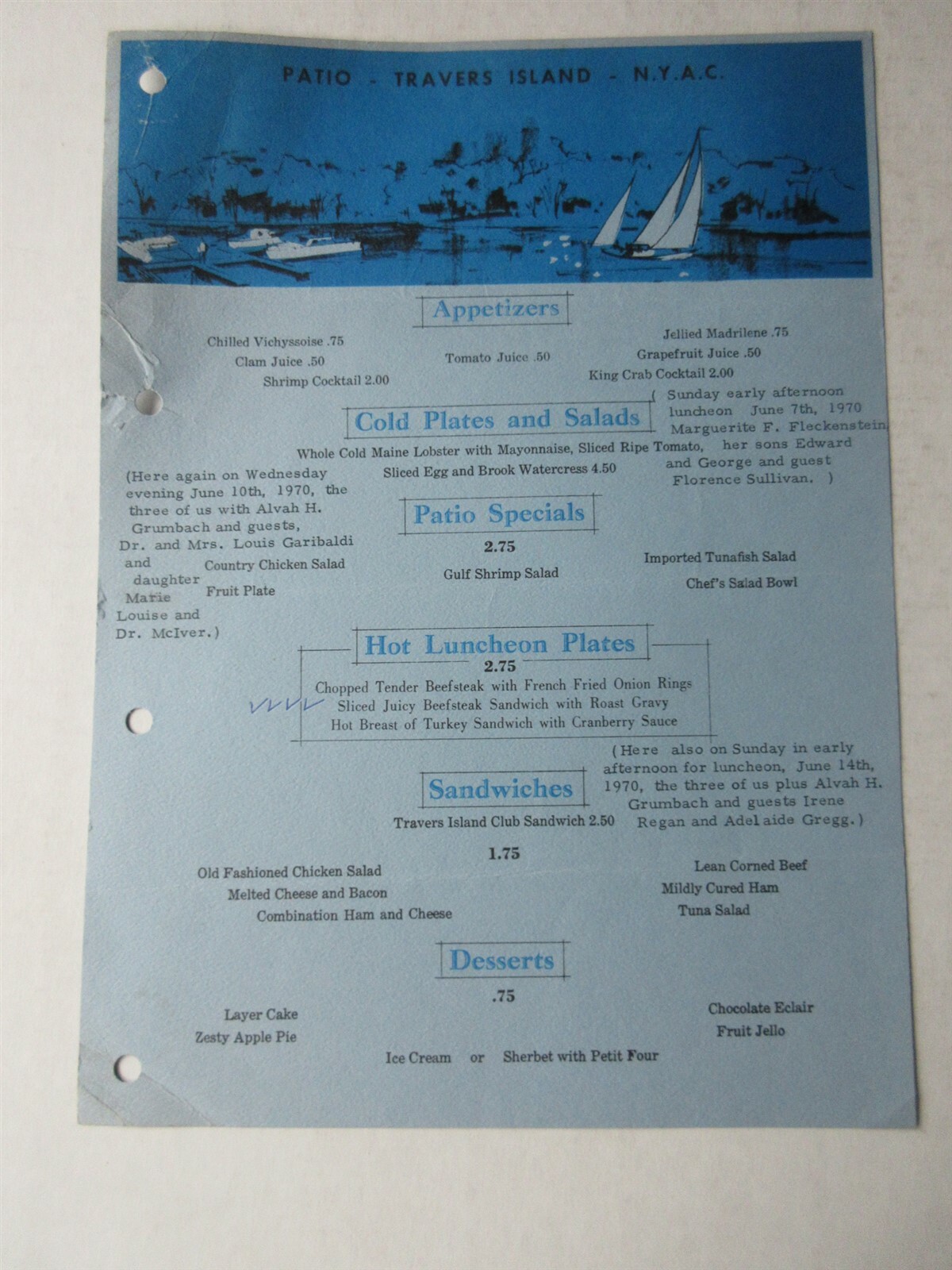 1970 New York Athletic Club NYAC Patio Travers Island menu | eBay