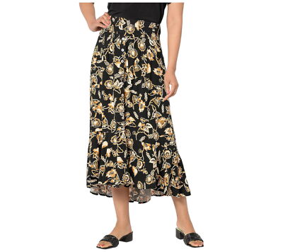 Susan Graver Passport Woven Button-Front Smocked Skirt Black/Gold | eBay