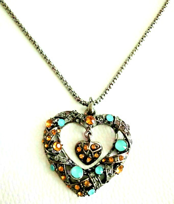 GRAND COLLIER Cœur strass couleur turquoise & ambre NEUF! Très jolie ...