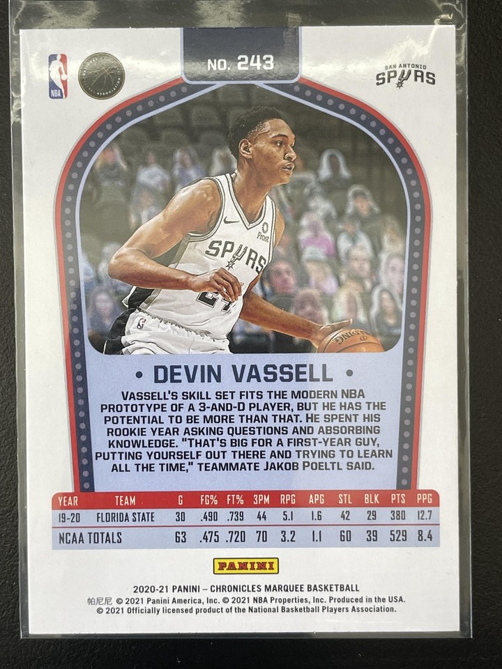 2020-21 Panini Chronicles #243 Devin Vassell Marquee RC San Antonio ...
