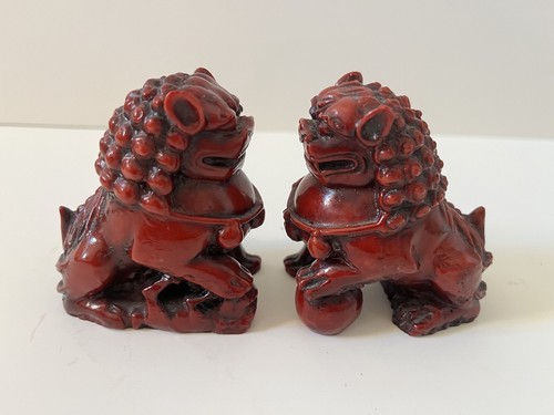 Pair Of Asian Chinese Foo Fu Dogs Cinnabar Red Resin Figurines Bookends ...