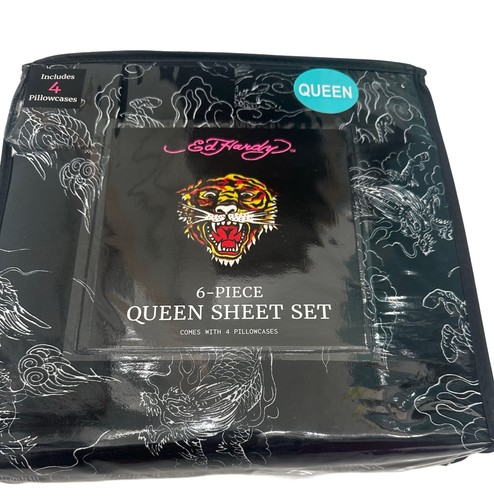 Ed Hardy Queen Sheet Set 6 Piece Black Dragon Tiger Graphic Bedding New ...