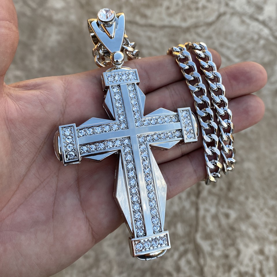 Men Huge Double Cross Pendant Jesus Necklace Silver Tone Hip Hop Cuban ...