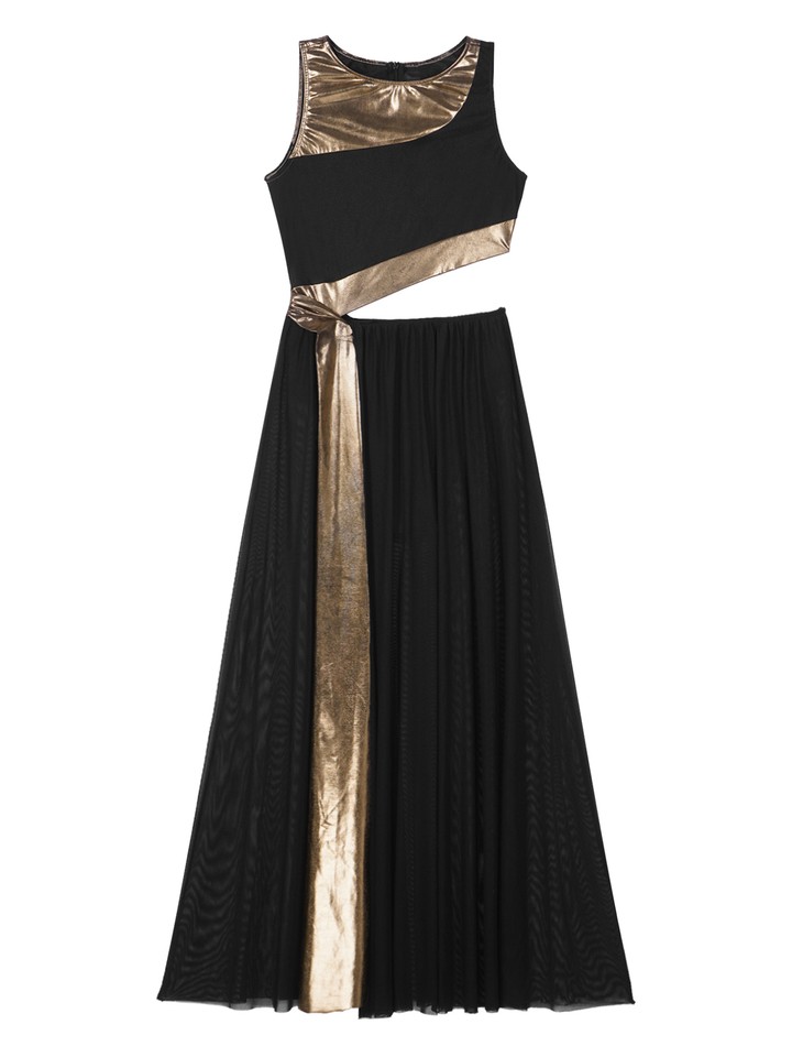 Women Metallic Color Block Dance Dress Cutout Split Mesh Ballet Lyrical ...