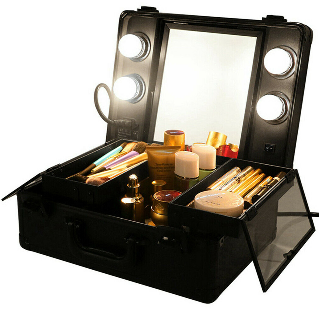 Lockable Makeup Case LED Lighted Table Desk Vanity Mirror 2-Tier Tray ...