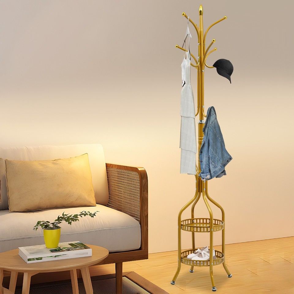 Modern Metal Coat Rack w/Storage Basket Hat Coat Hanger Stand Bedroom ...