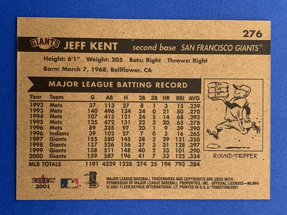 JEFF KENT (HOF) (2000 MVP) Signed 2001 Fleer Tradition 276 GIANTS ...