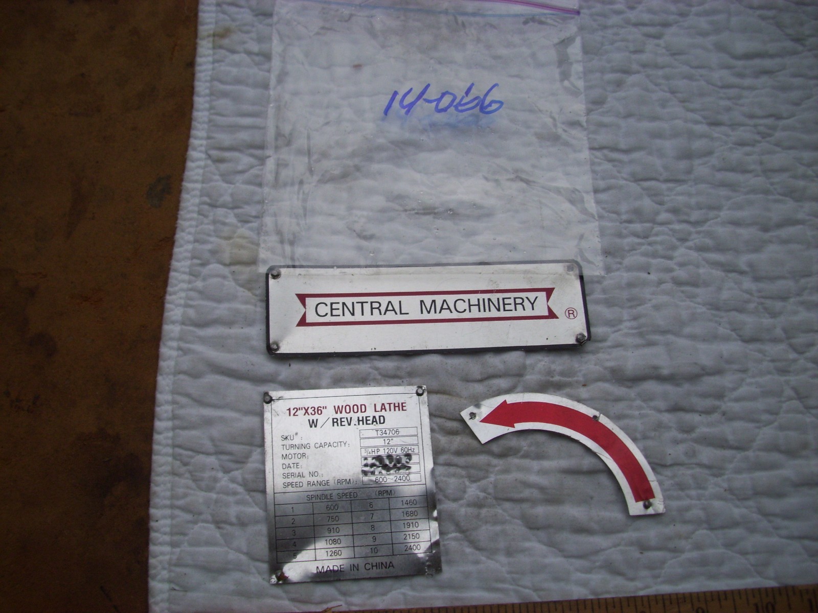Name & Model Plates from Central Machinery 12" Wood Lathe T34706 1 1/2 ...
