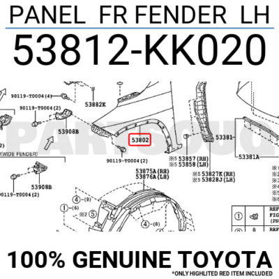 53812KK020 Genuine Toyota PANEL FR FENDER LH 53812-KK020 | eBay