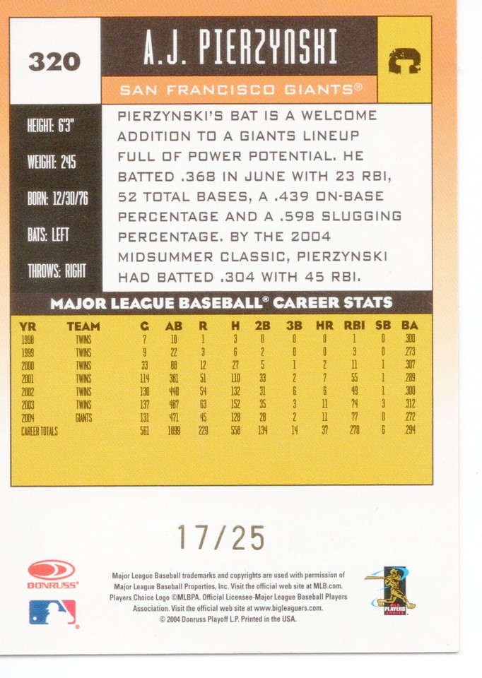 2005 Donruss Press Proofs Gold #320 A.J. Pierzynski San Francisco ...