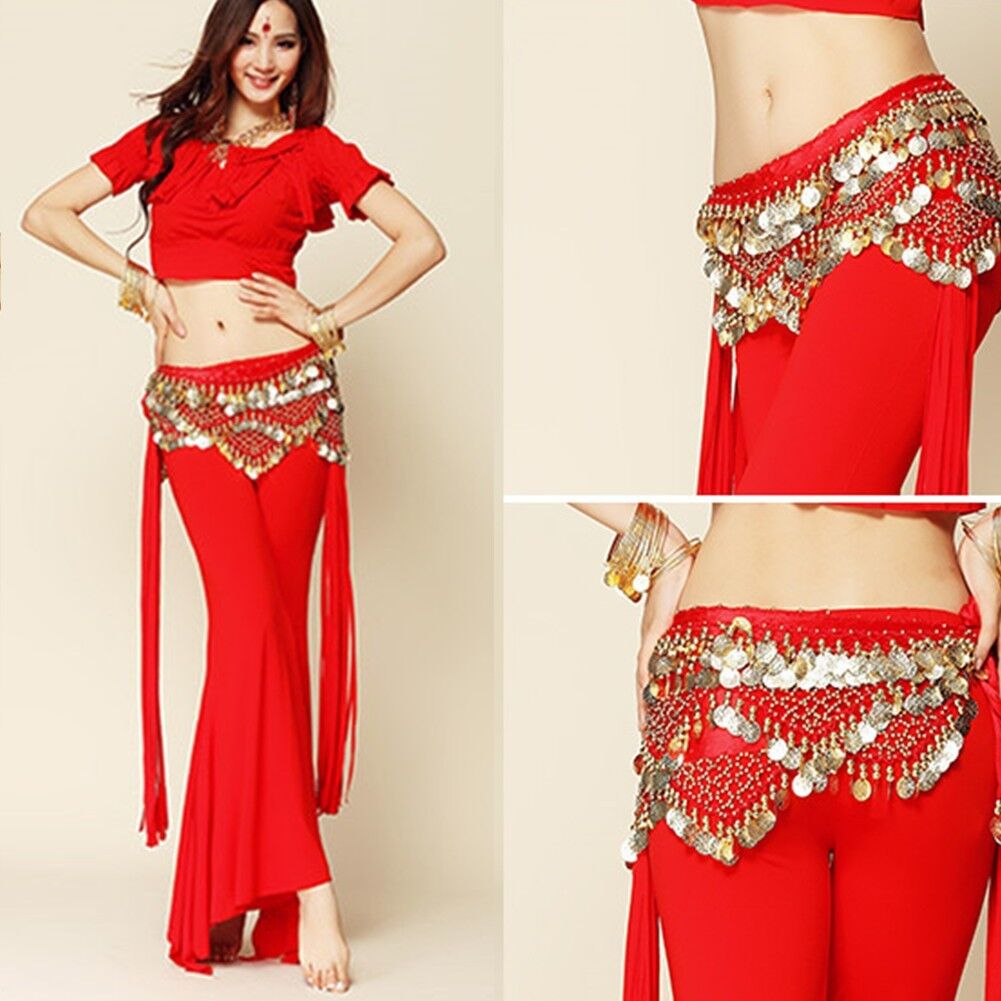 Belly Dance Costumes Hip Skirt Scarf Triangle Gold Coins Sequins Bead