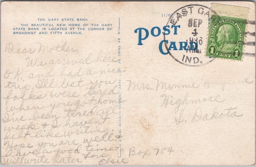 Vintage Gary, Indiana Postcard THE GARY STATE BANK Street View / 1936 ...