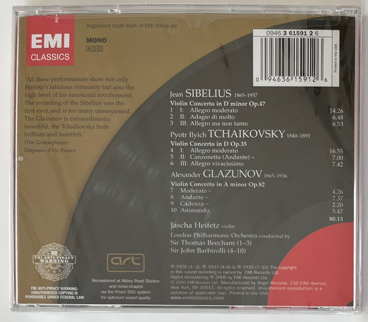 Heifetz Sibelius Tchaikovsky Glazunov Violin Concertos 2006 EMI CD New ...