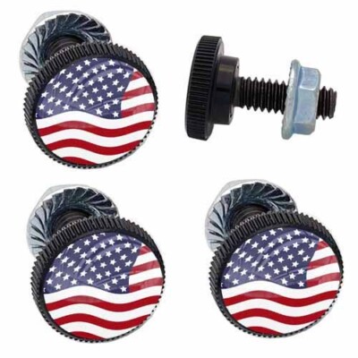 4 Black Knurled Custom License Plate Frame Tag Bolt Kit USA FLAG WAVE ...