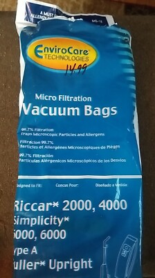 Riccar 2000, 4000/Simplicity 5000, 6000 Type A 10 Pack Vacuum Bags NEW ...