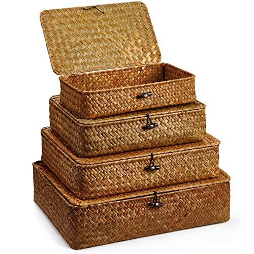 Set Of 4 Seagrass Basket With Lid Wicker Storage Basket Decorative ...