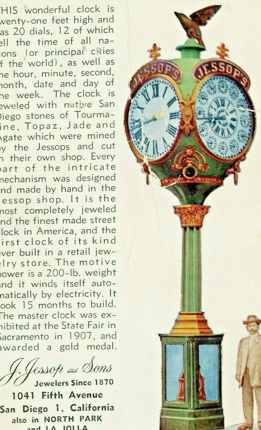 Postcard View of San Diego's Famous Clock,Ad for J.Jessop & Sons ...