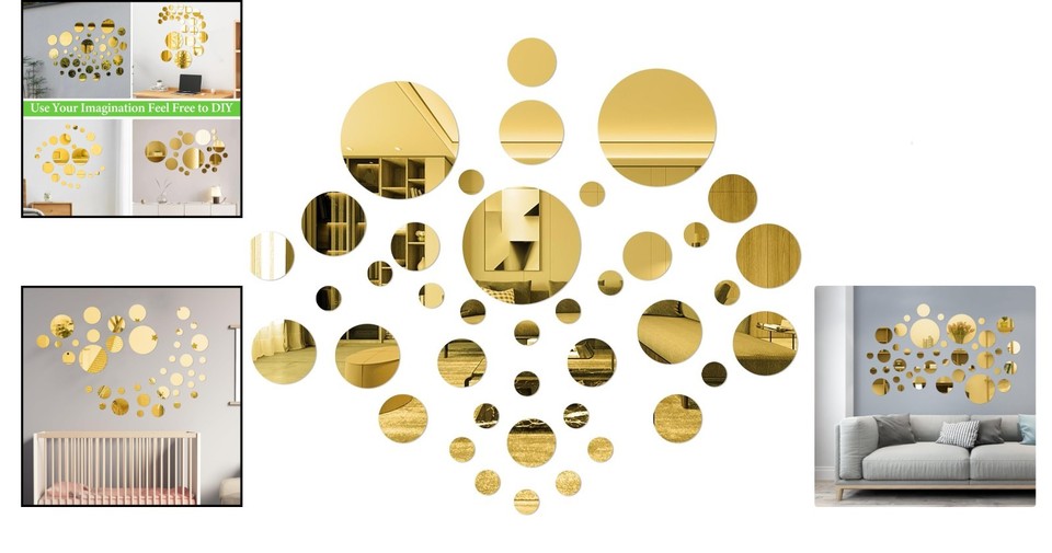 Elegant 40 Pcs Gold Round Self-Adhesive Mirror Wall Stickers for Home ...