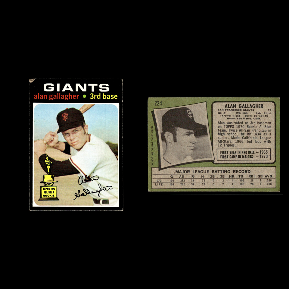 Alan Gallagher Rookie #224 1971 Topps San Francisco Giants Baseball ...