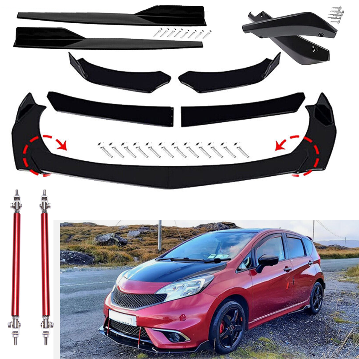 Glossy Black Front Bumper Lip Splitter Lower Spoiler Body Kit For ...