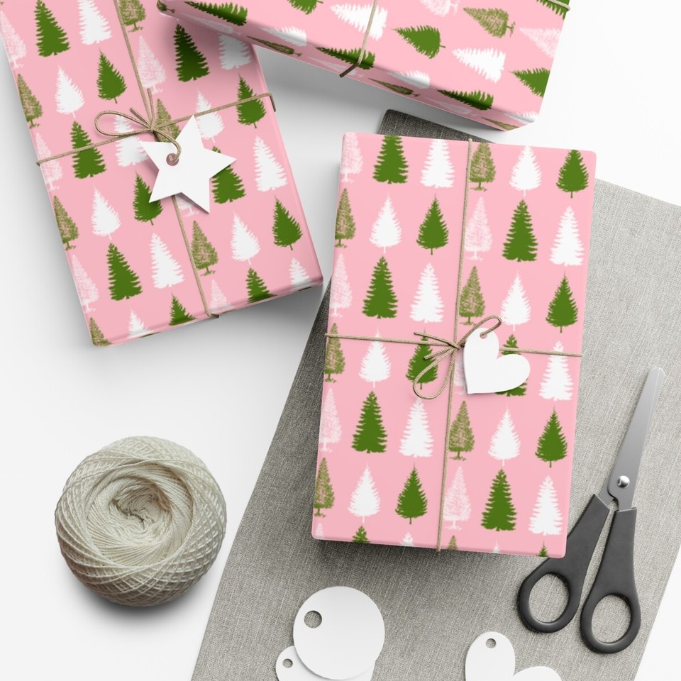 Pink Christmas Tree Wrapping Paper Roll, Pretty Pink Winter Gift Wrap ...