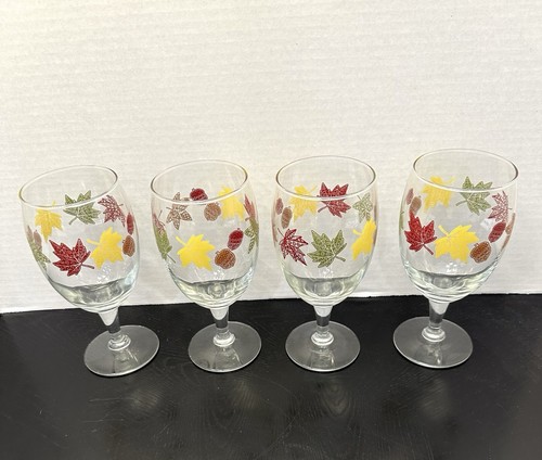 Libby Autumn Fall Leaves Iced Tea Water Goblets Green Brown Yellow Red ...