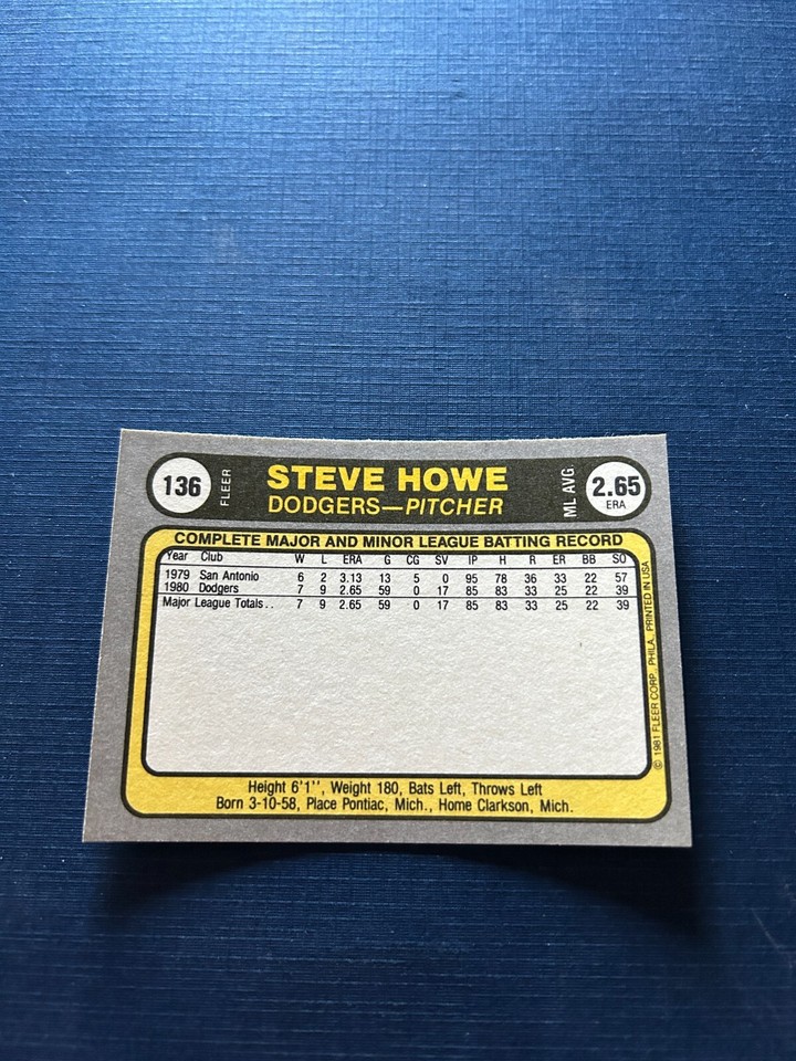 1981 Fleer Baseball Steve Howe Rookie Card #136 Set Break NM | eBay