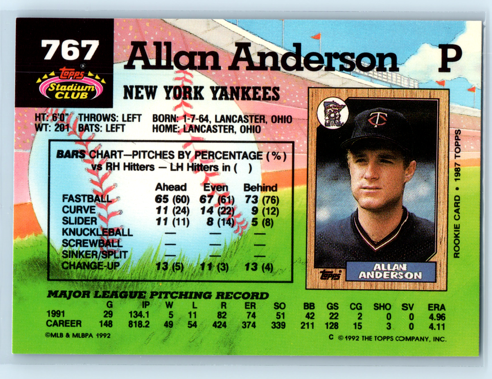 1992 Stadium Club Allan Anderson New York Yankees #767 | eBay