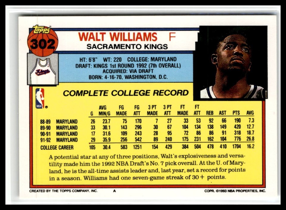 Walt Williams 1992-93 Topps #302 RC Rookie Sacramento Kings | eBay