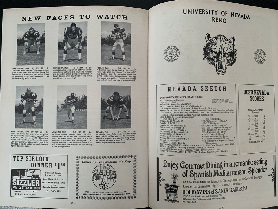 UC Santa Barbara Gauchos 9/27/1969 NCAA football program vs Nevada ...