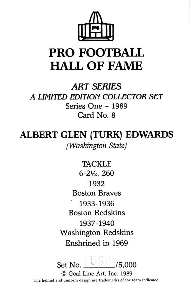 1989 GOAL LINE PRO FOOTBALL HOF ALBERT GLEN (TURK) EDWARDS ART CARD #8 ...
