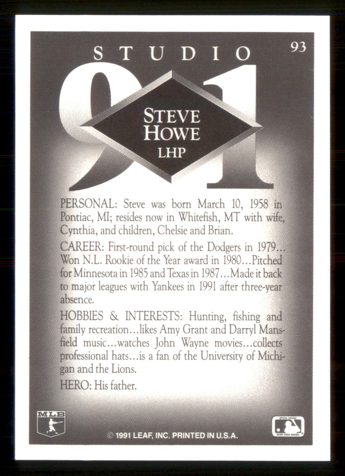 Steve Howe - 1991 Studio #93 - New York Yankees | eBay