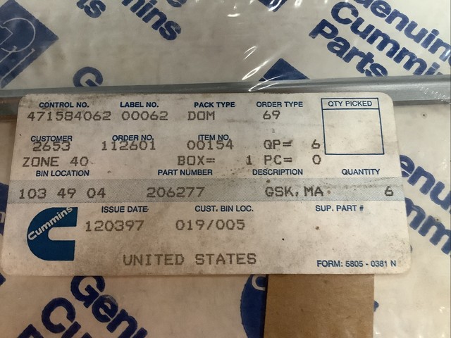 Genuine Cummins 206277 Gasket Intake Manifold for sale online | eBay