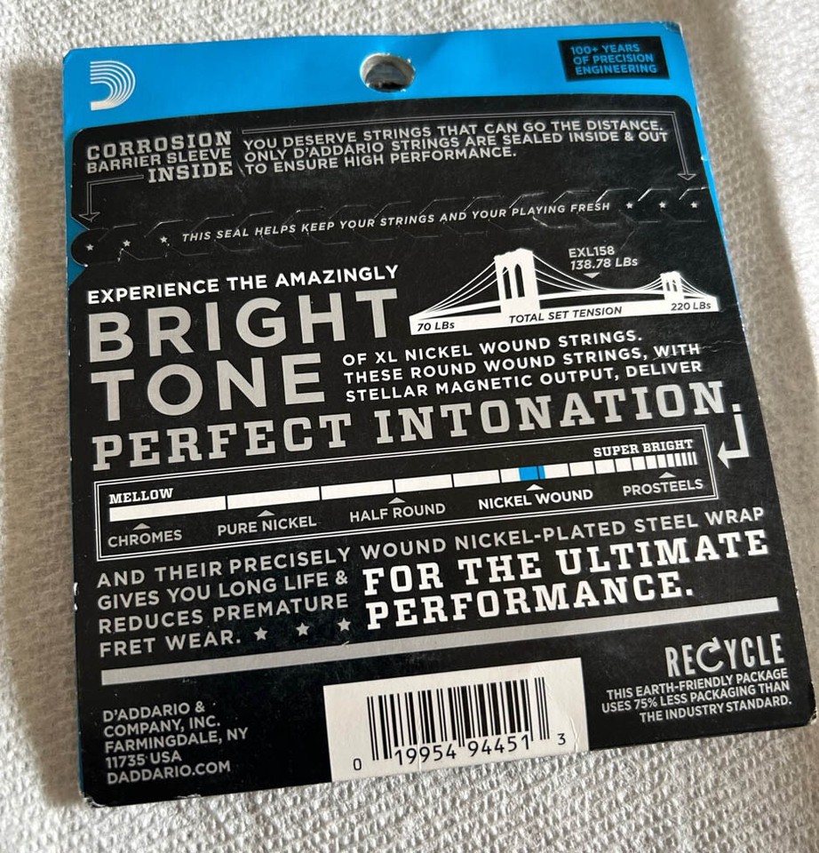 D'Addario EXL158 Baritone Light 13-62 Nickel XL Electric Guitar Strings ...