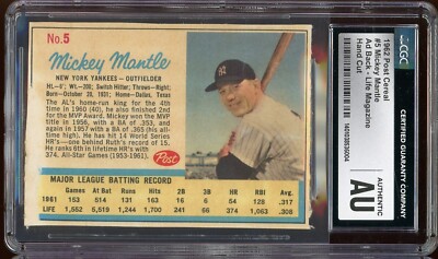 1962 Post Cereal Baseball #5 Mickey Mantle Ad Back Life CGC AUTHENTIC ...