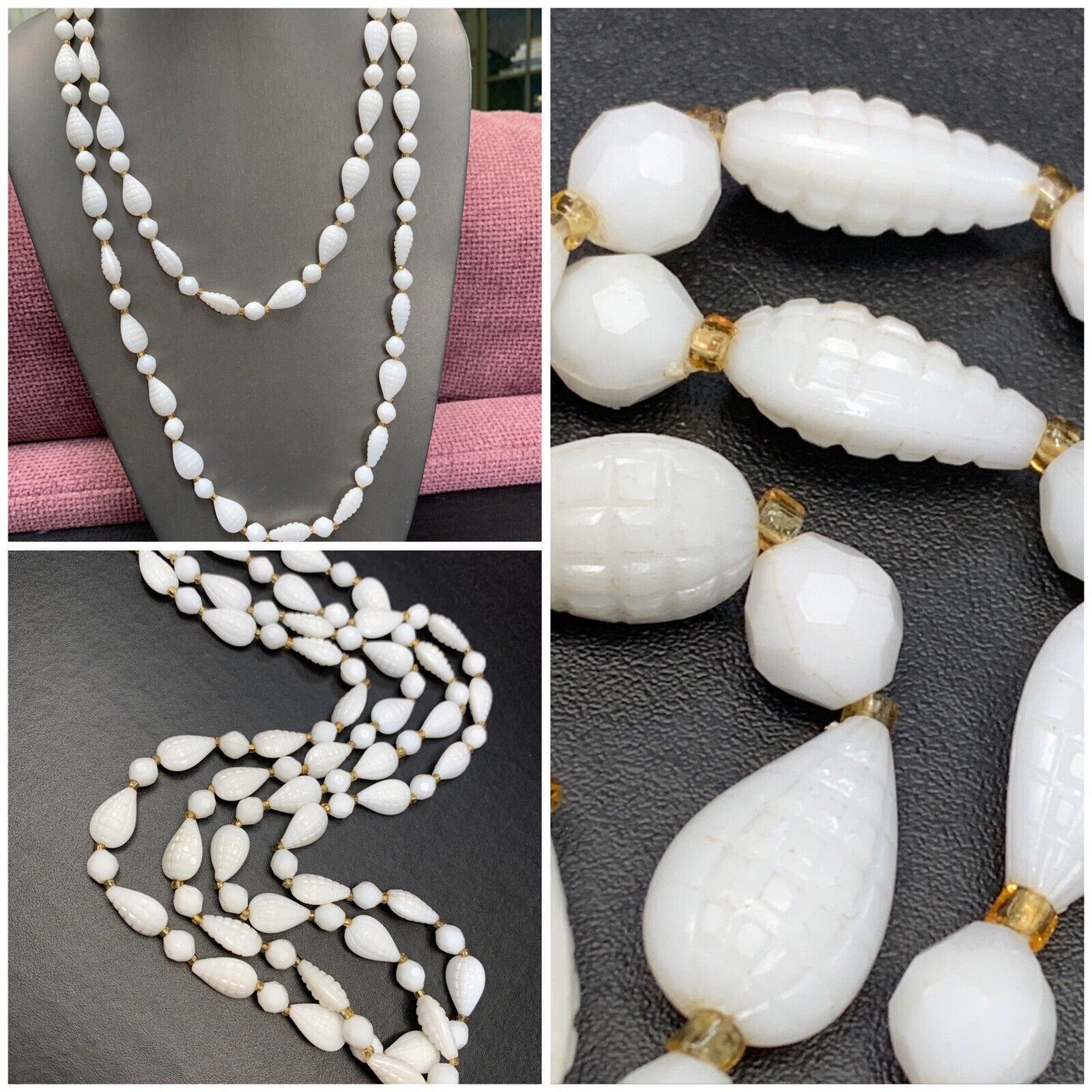 Vintage Necklace 1950s White Corn Pattern Lucite Bead… - Gem