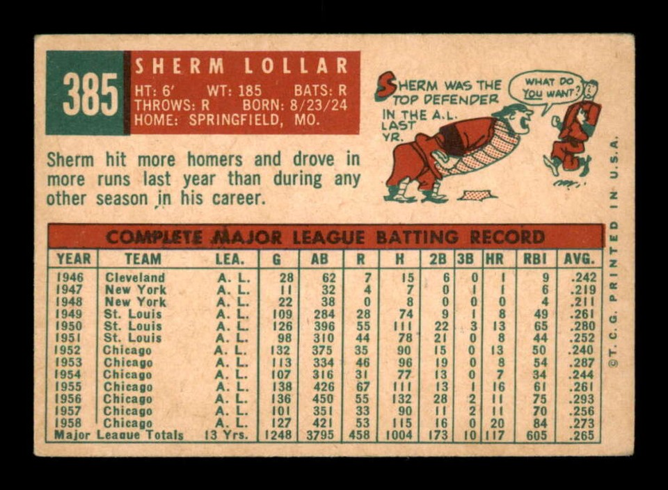 1959 Topps #385 Sherm Lollar VG/VGEX X2573395 | eBay
