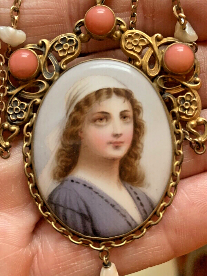 Antique Art Nouveau Painted Portrait Of Ruth Pendant Necklace Locket ...