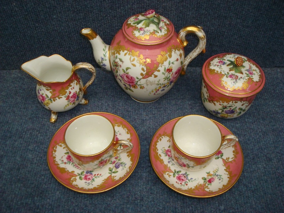 SEVRES TEA SET, POMPADOUR CABARET SET, TETE A TETE 19th c PINK, NO TRAY ...