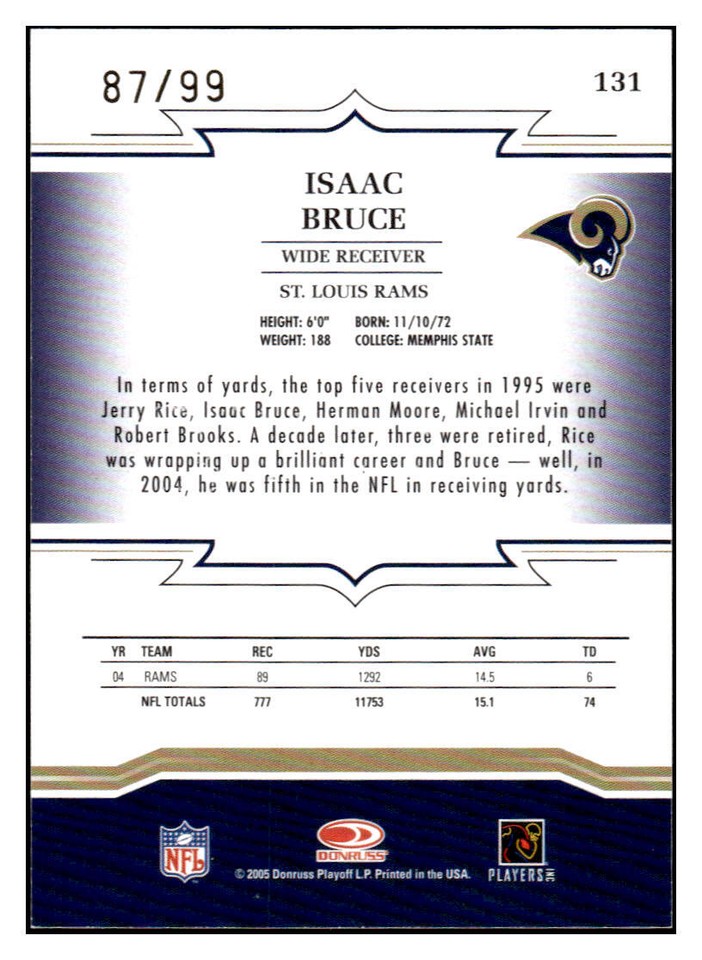 2005 Donruss Throwback Threads #131 Isaac Bruce Platinum Holofoil #87/ ...