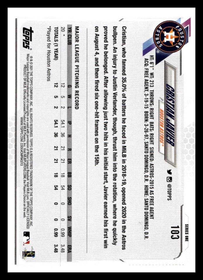 2021 Topps Cristian Javier #183 Gold Foil Rookie RC Houston Astros | eBay