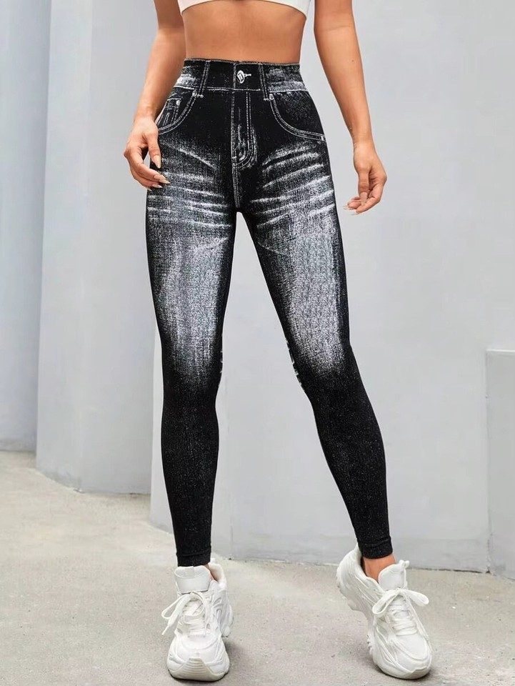 Women V Back Denim Print Fitness Leggings Scrunch Butt Lift Low V Cut ...