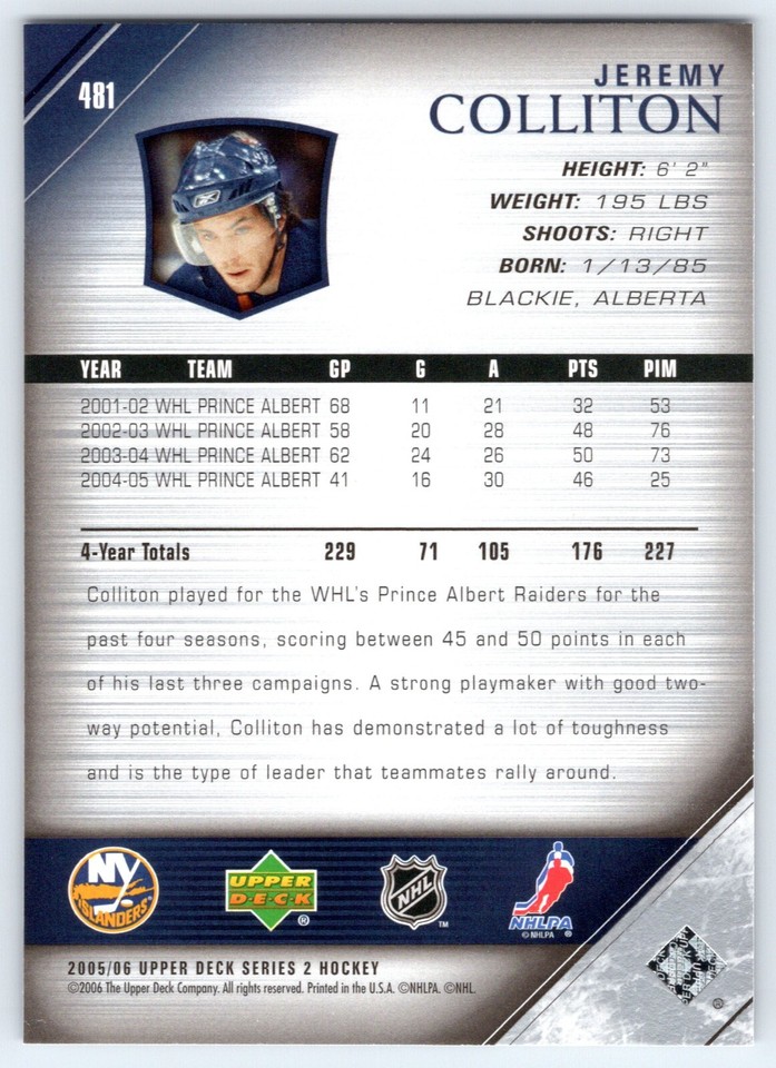 JEREMY COLLITON RC YOUNG GUNS 2005-06 UPPER DECK 05-06 NO 481 37981 | eBay