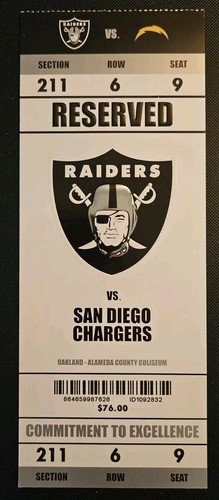Oakland Raiders San Diego Chargers Football Ticket 1/1 2012 Floyd ...