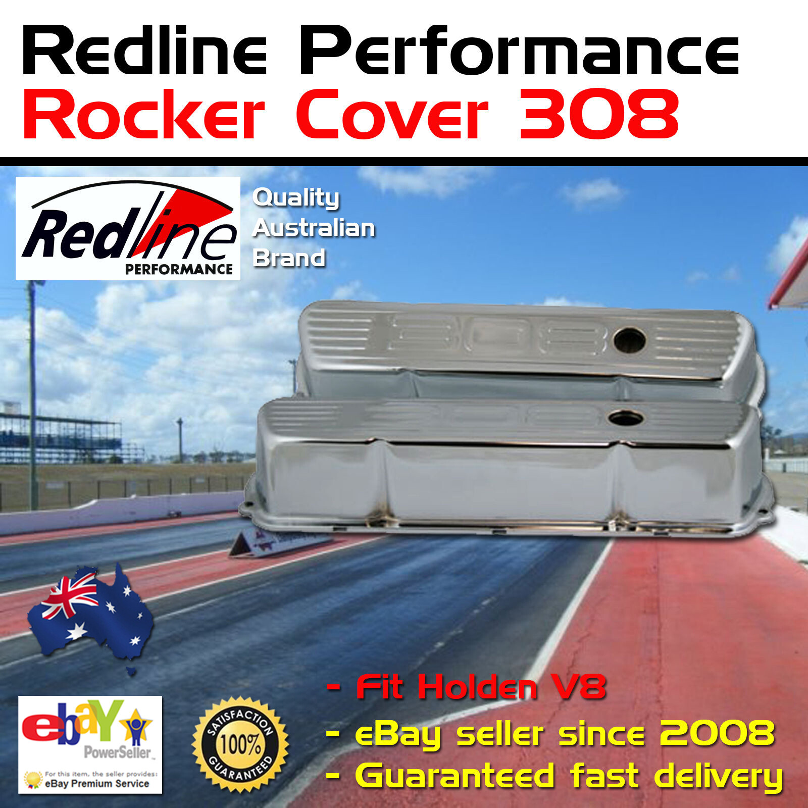New Redline Polished Chrome Rocker Covers Fits Holden V8 With 308 Logo ...