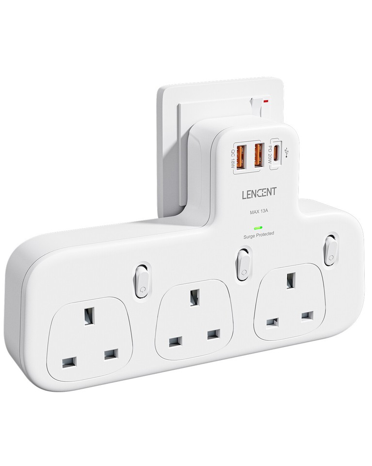LENCENT 3 Way Extension Plug Adapter UK Wall Power Socket with 3 USB ...