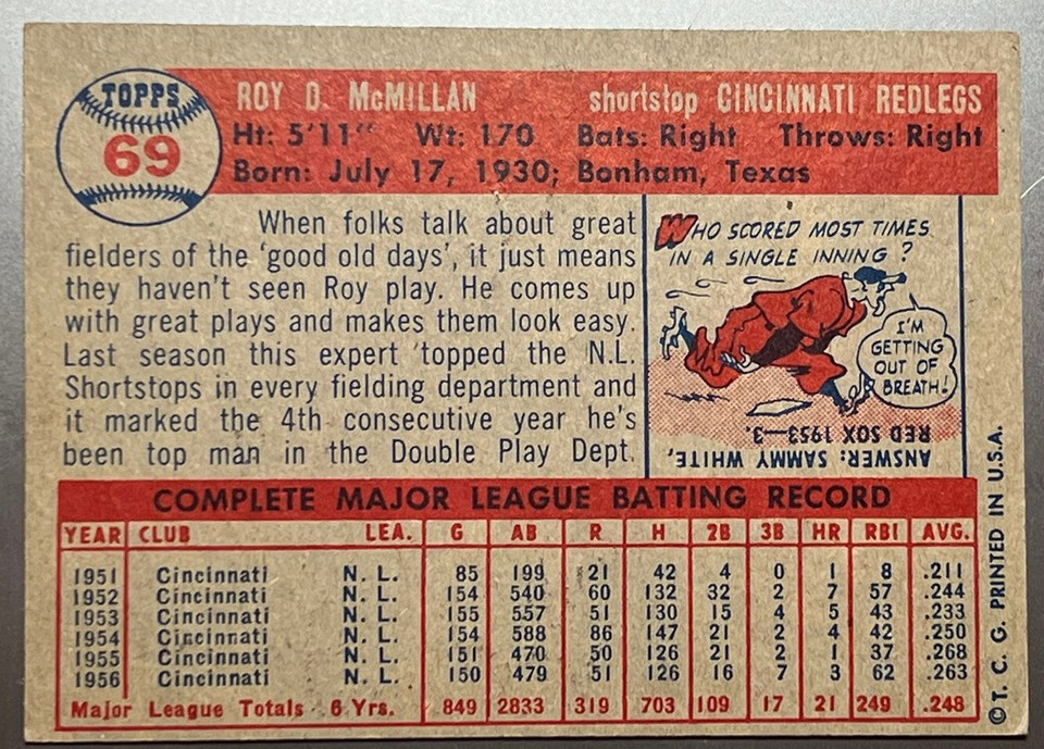 1957 Topps baseball 169 Roy McMillan, Shortstop Reds EX+ All Star | eBay